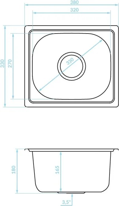 Kuchinox Mika, 1-komorový nerezový dřez 330x380x180 mm, hladký dekor, ocelová, LAV-SQB_010T