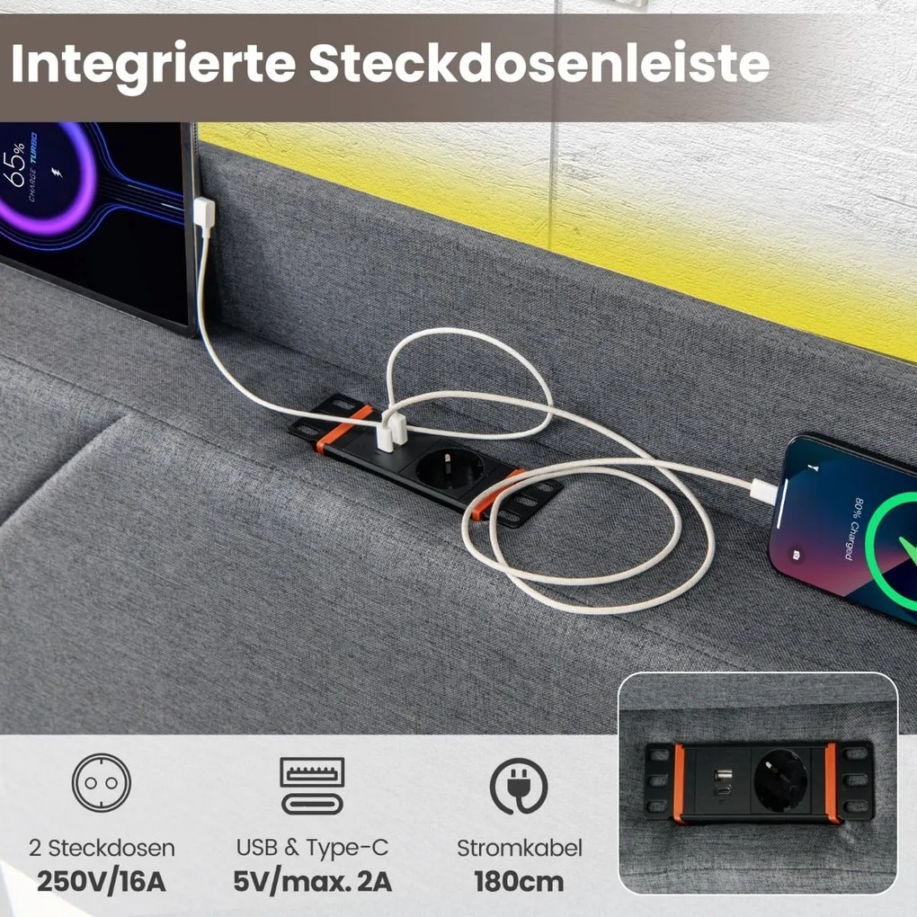 Costway Rám manželské postele s LED světly Polstrovaná plošinová s nabíjecí