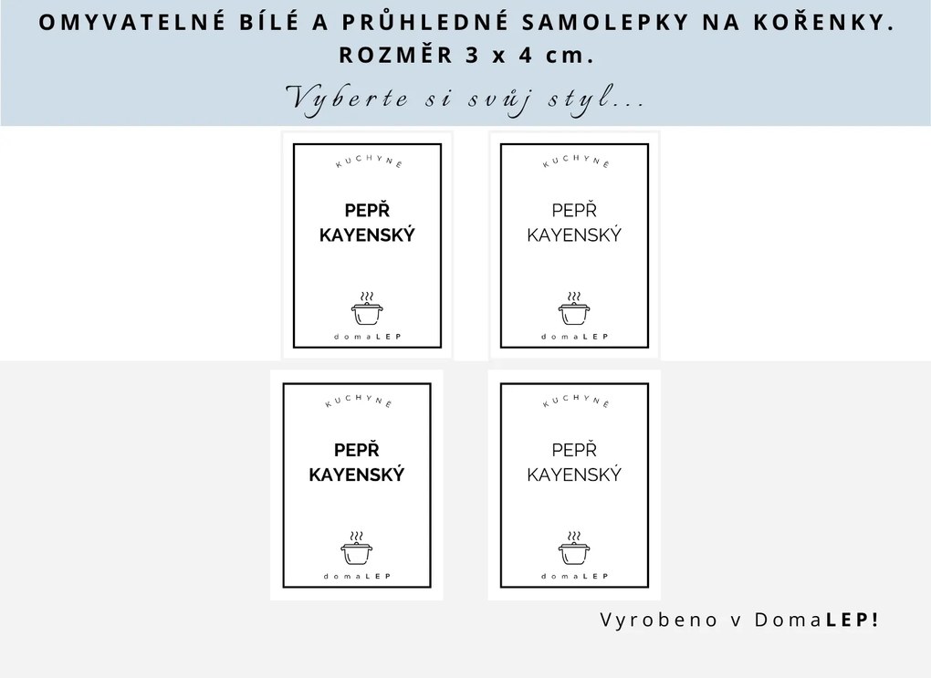 PEPŘ KAYENSKÝ - Samolepka na kořenky 3 x 4 cm - DomaLEP varianta: BÍLÁ - tučné písmo