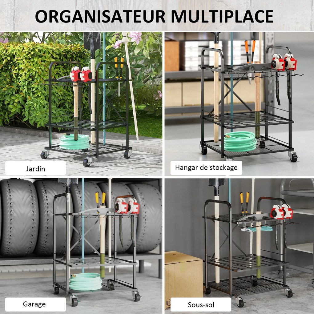 Organizér na zahradní nářadí Outsunny s 9 háčky, držák na 40 nástrojů, kovový regál na kolečkách do garáže pro nůžky, lopaty, hrábě, černý