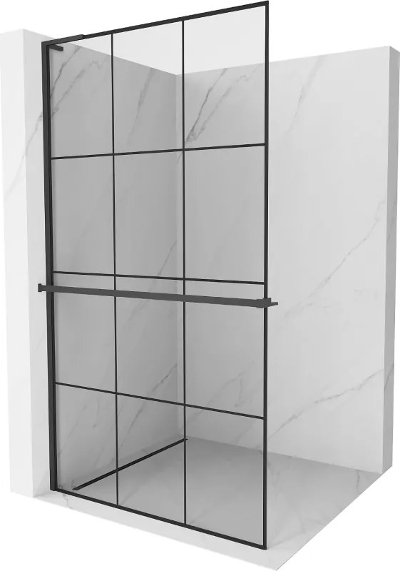 Mexen Kioto+ L, sprchová zástěna Walk-In s poličkou a věšákem 100 x 200 cm, 8mm čiré sklo černý vzor, černý profil, 800-100-123-70-77