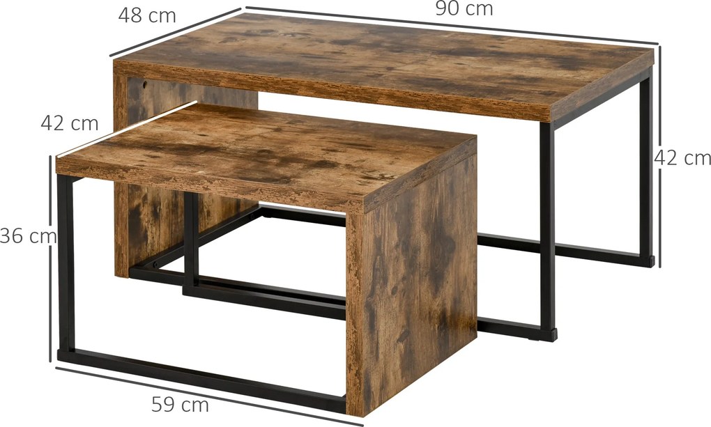 HOMCOM Set 2 Kávových Stolků s Kovovými Nohy v Průmyslovém Stylu pro Obývací Pokoj a Jídelnu 90x48x42 cm a 59x42x36 cm
