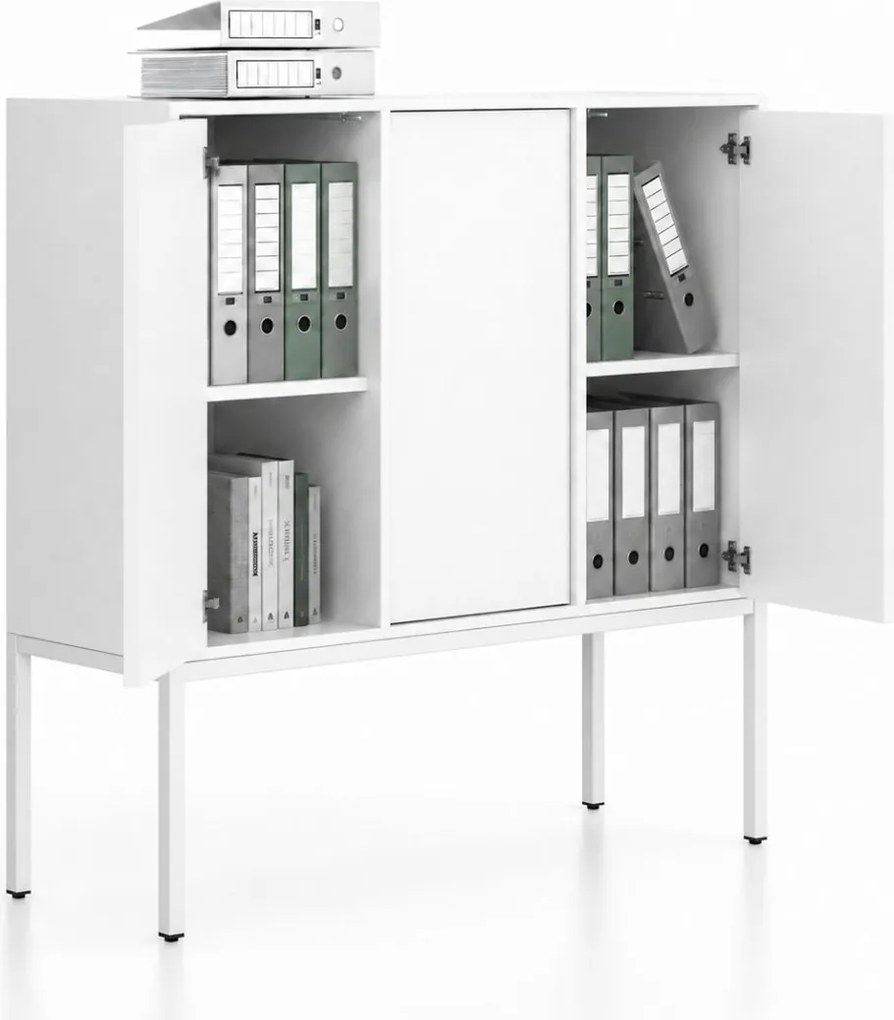 Kancelářská skříň FRAME, nízká, bílá podnož, 3x dveře, 1299 x 450 x 1331 mm, PUSH-lock, bílá