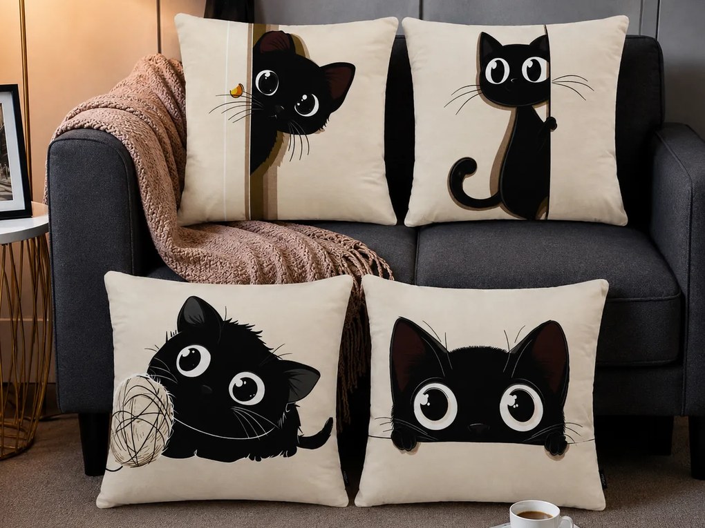 XPOSE® Set povlaků na polštář HRAVÉ KOČIČKY 43x43 cm - set 4ks