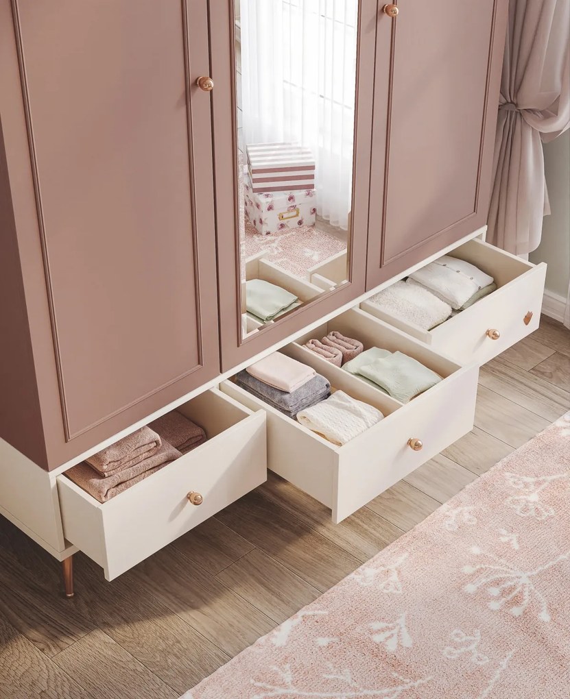 Šatní skříň 3D se zrcadlem Beauty - růžová/béžová