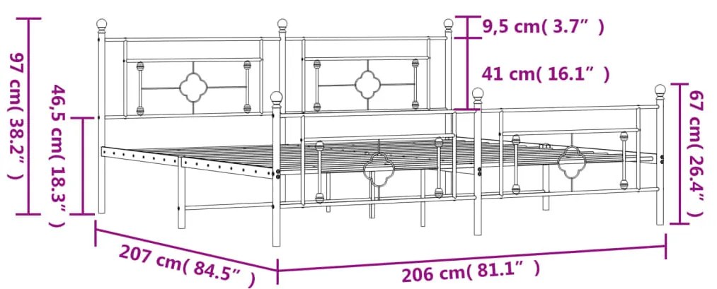 Kovový rám postele s hlavovým a nožním čelem bílý 200 x 200 cm - Default Title