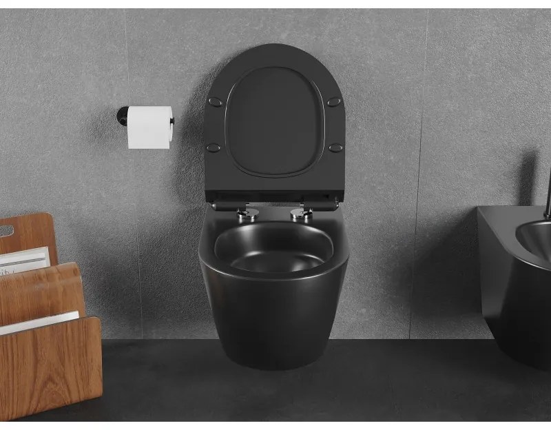 Mexen Lena, závěsná WC mísa 490x360x340 mm, Rimless Tornádo + WC sedátko z duroplastu, černá matná, 30220185T