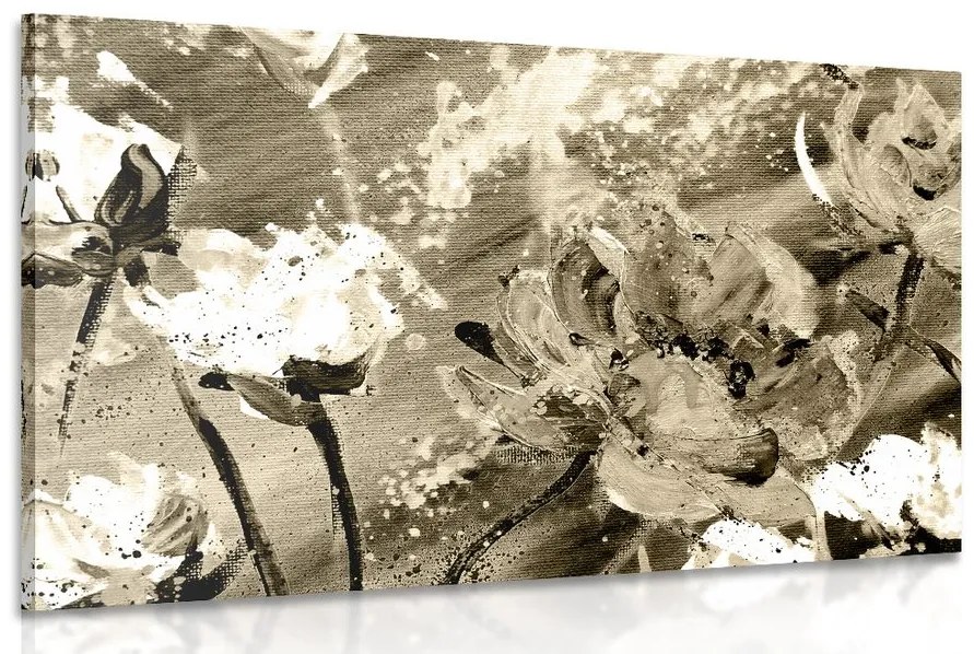 Obraz malované květy v sépiovém provedení