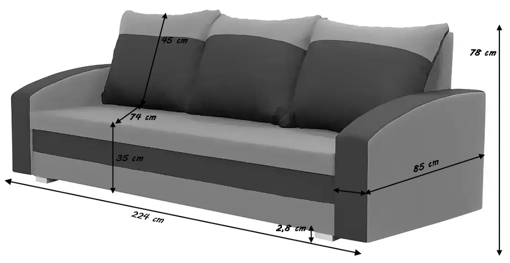 Pohovka 3místná s funkcí spaní JAN Černá/modrá