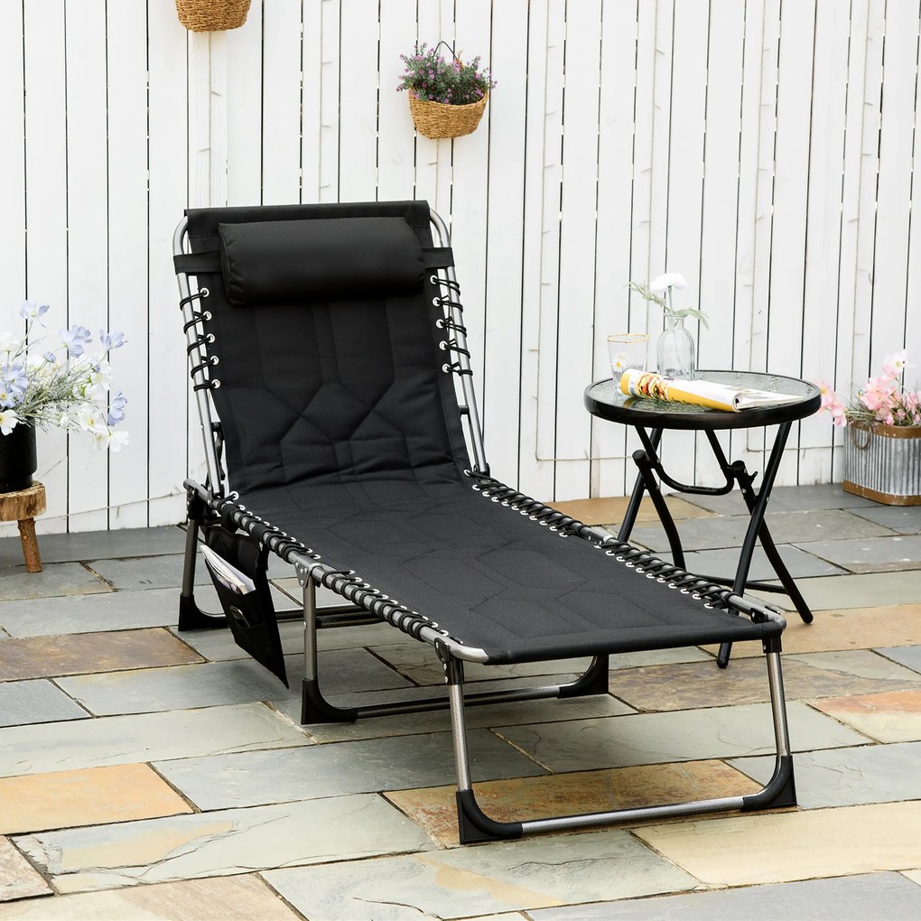 Outsunny Sluneční Lehátko, Skládací Zahradní Lehátko s Polštářem na Hlava, Boční Kapsou, Recliner s 5-Úrovňovým Nastavitelným Opěradlem, Voděodolné K…
