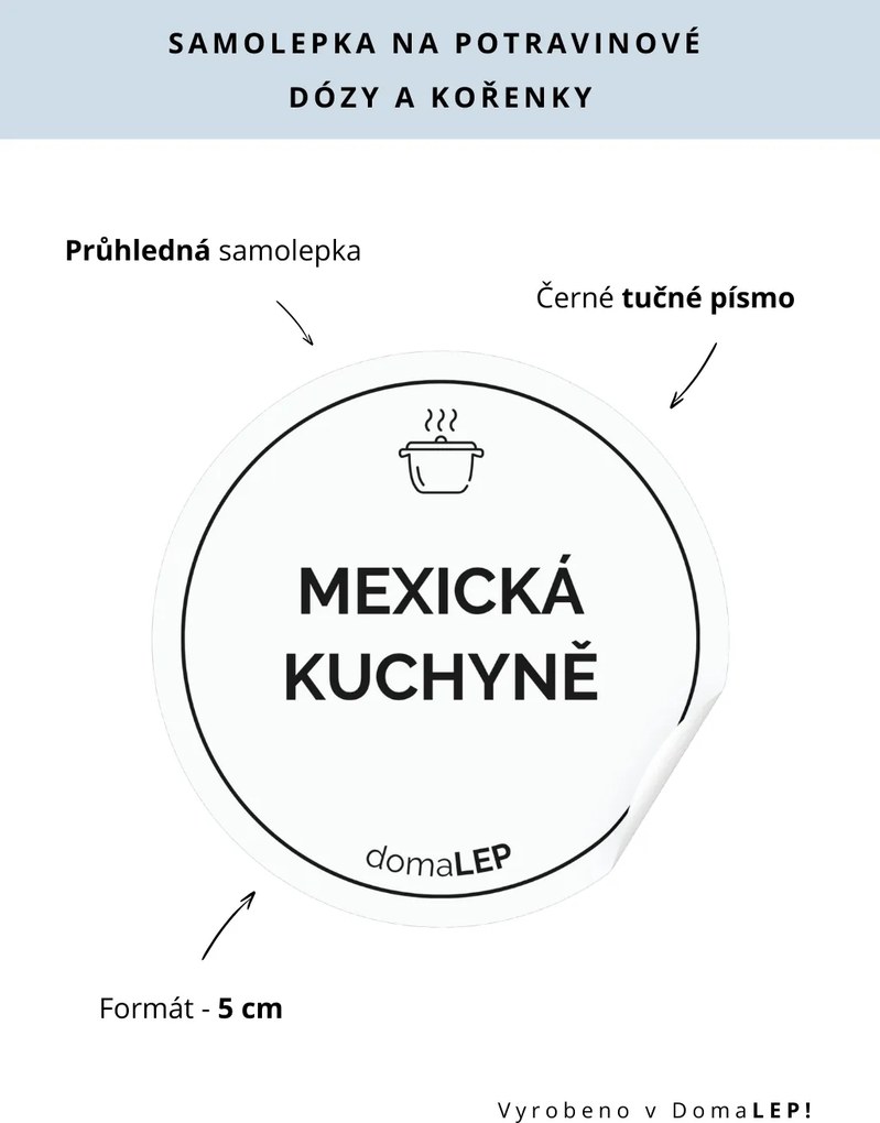 Samolepka na kořenky MEXICKÁ KUCHYNĚ průhledná 5 cm tučné písmo