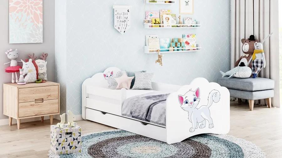 Dětská postel Tobík - bílá kočička (Vybírat můžete z mnoha motivů a barev.)