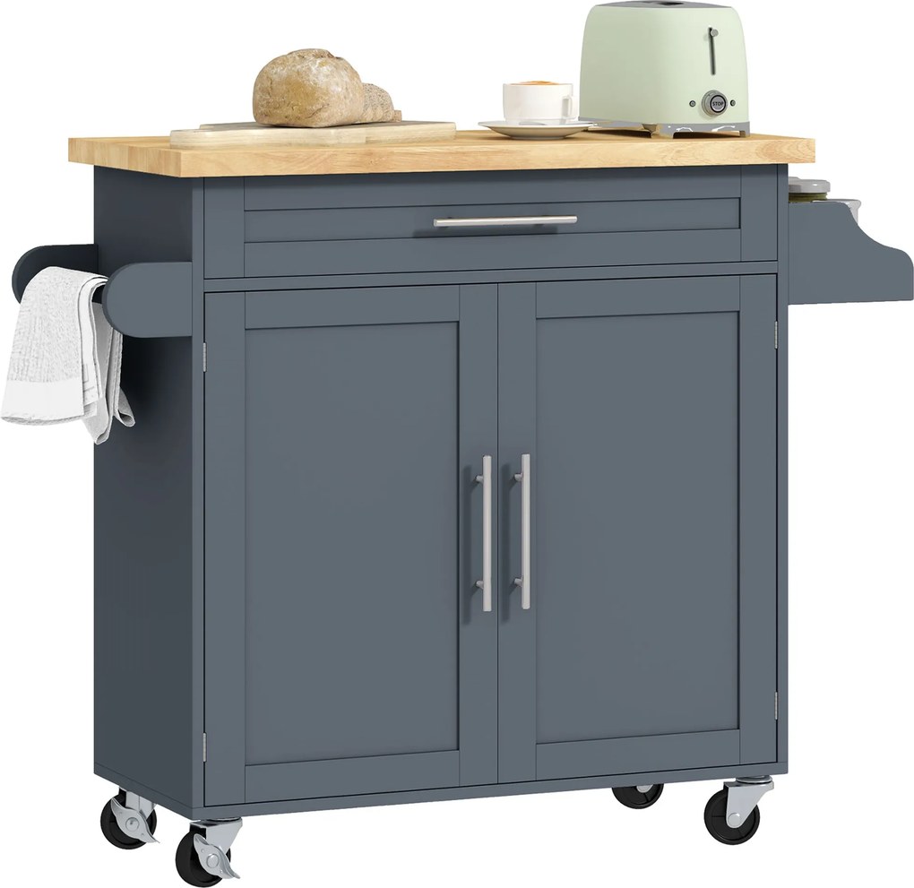 HOMCOM Víceúčelový Kuchyňský Vozík s Šuplíkem, Kolíky, Regálem na Koření, Skříňkou a Horní Deskou z Gumového Dřeva, 109x40x89 cm, Šedý | Aosom