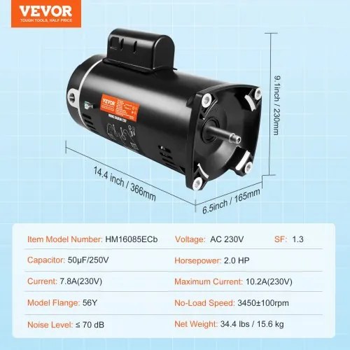 1,49 kW motor bazénového čerpadla 230 V 60 Hz 7,8 A 56Y 3450RPM 50μF/250 V