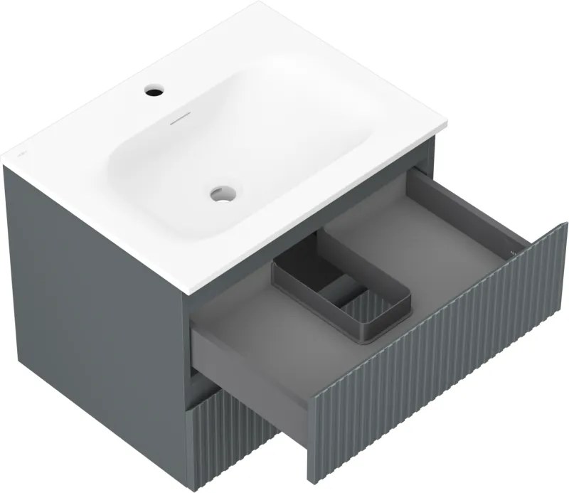 Mexen Rivel, koupelnová skříňka 60 cm s umyvadlem Vela, 2 zásuvky, drážkovaná, grafitová matná/bílá matná, 91A20-06047-2-BFF66-W23M0