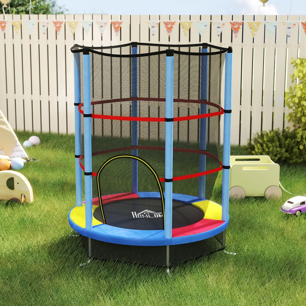 HOMCOM Dětský Trampolín, Ø140 cm Trampolín pro Děti s Ochrannou Síťí, Zahradní Trampolín pro Děti ve Věku 3-6 Let, Vnitřní, Vícebarevný