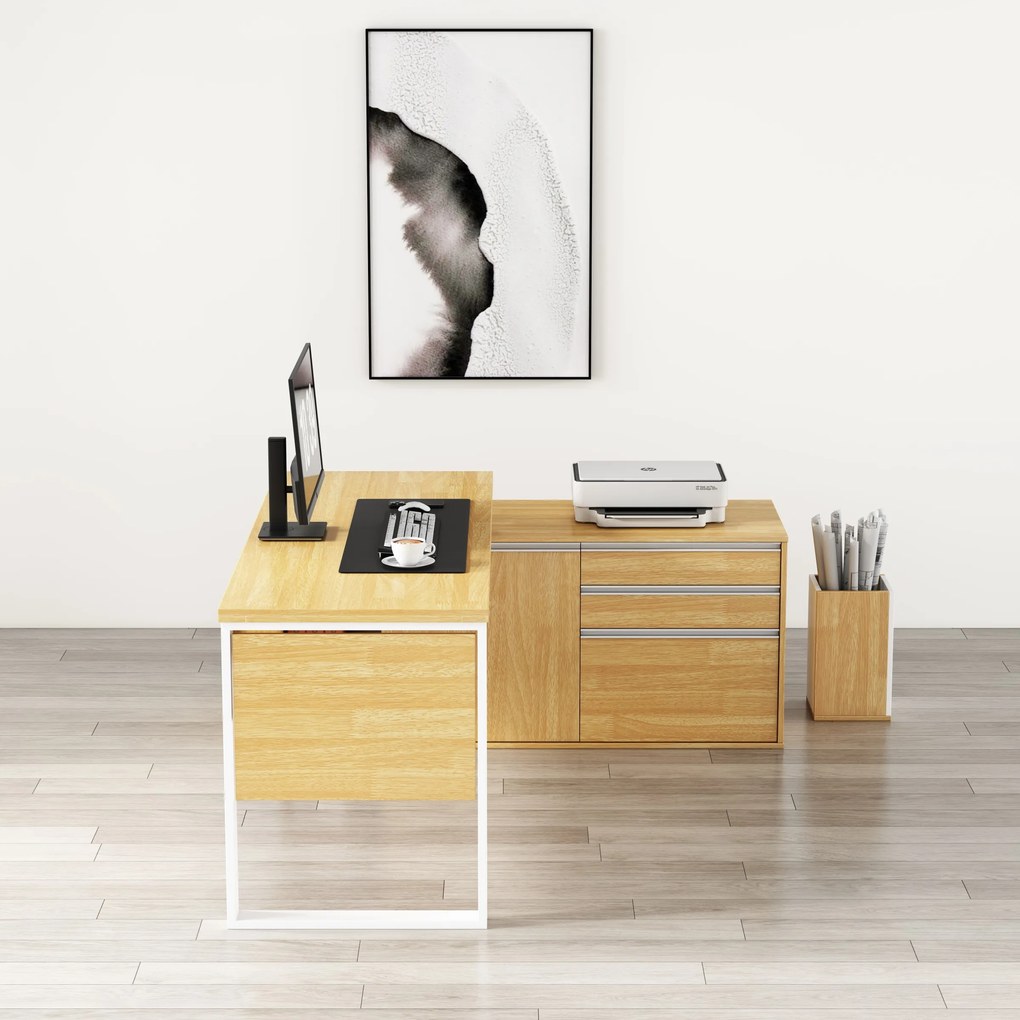 Rohový kancelářský stůl s komodou Houseland Nuvia Home 04 194 cm dub/bílý