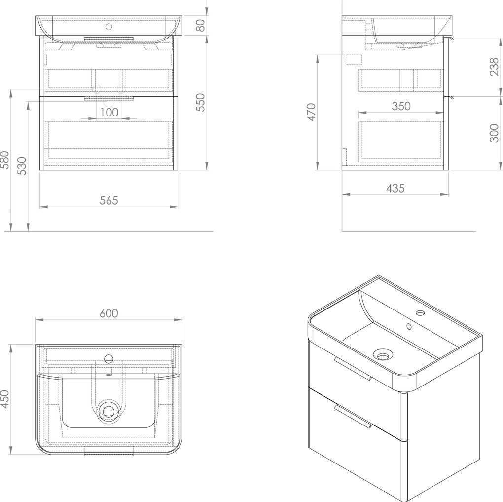 Aqualine Deneb koupelnová skříňka pod umyvadlo 56,5 x 55 x 43,5 cm bílá mat DN260