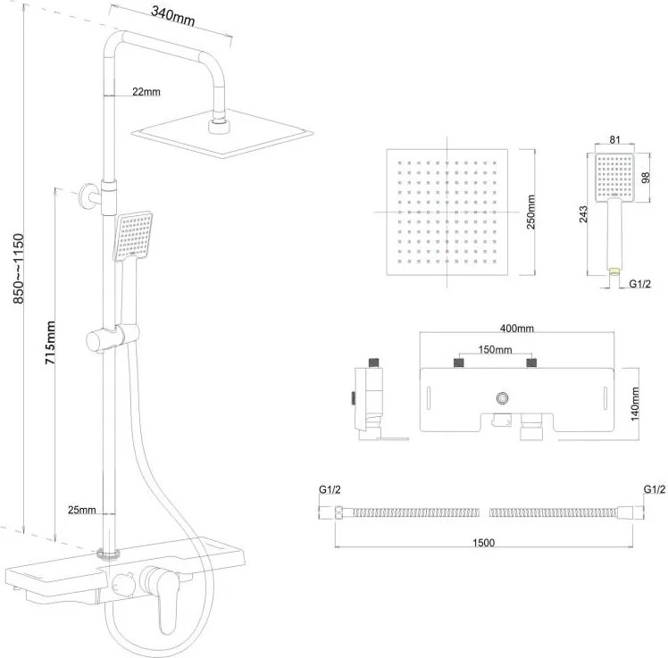 Erga Oslo, sprchová souprava s pákovou baterií a policí, chromová, ERG-YKA-BP.OSLO-25-CHR