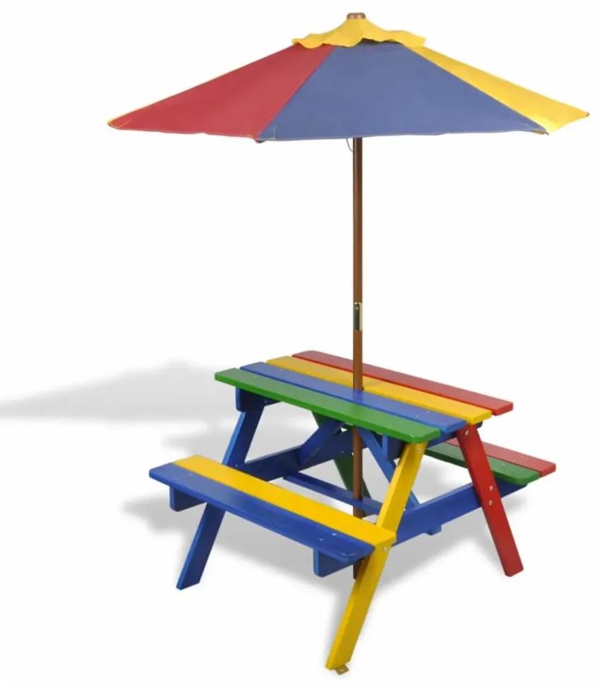 Dětský piknikový stůl s lavičkami a slunečníkem