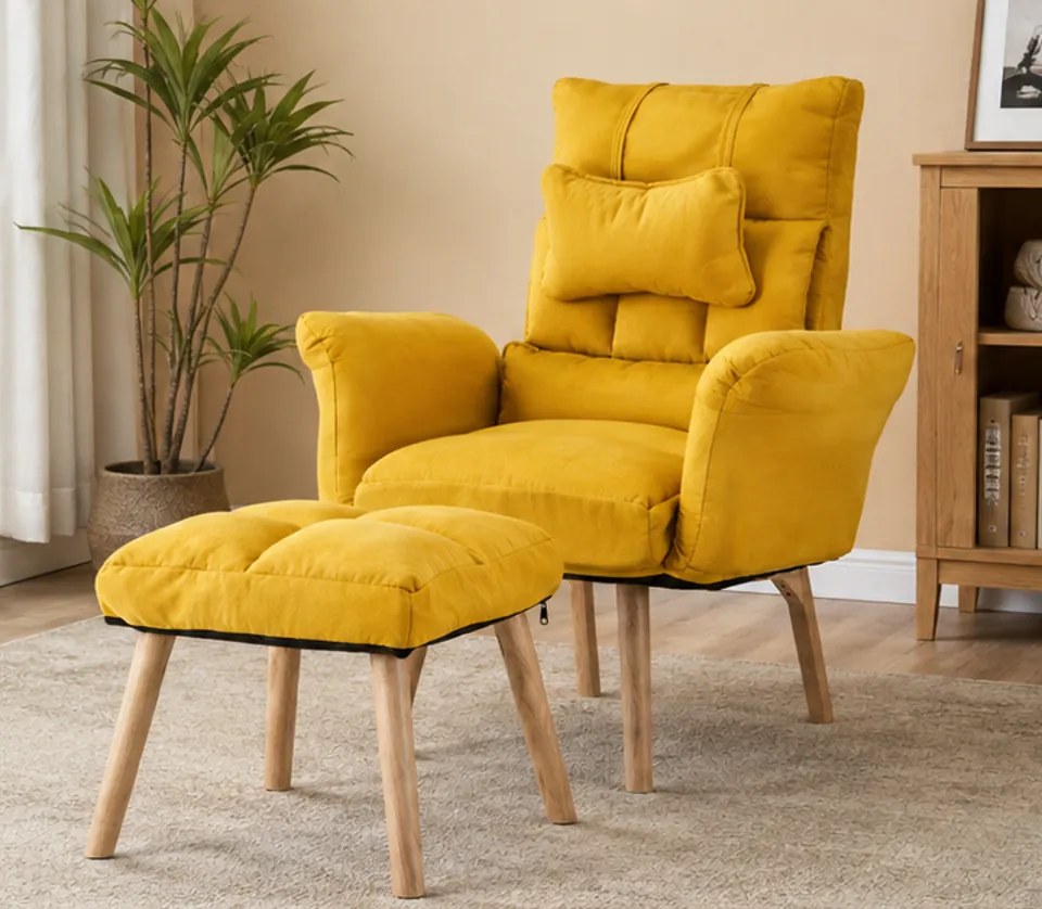relaxační křeslo, polohovací, s podnožkou, dřevo/textil, 101x85x69 cm, nohy světlé/hořčicová, Dekorino SILVANA
