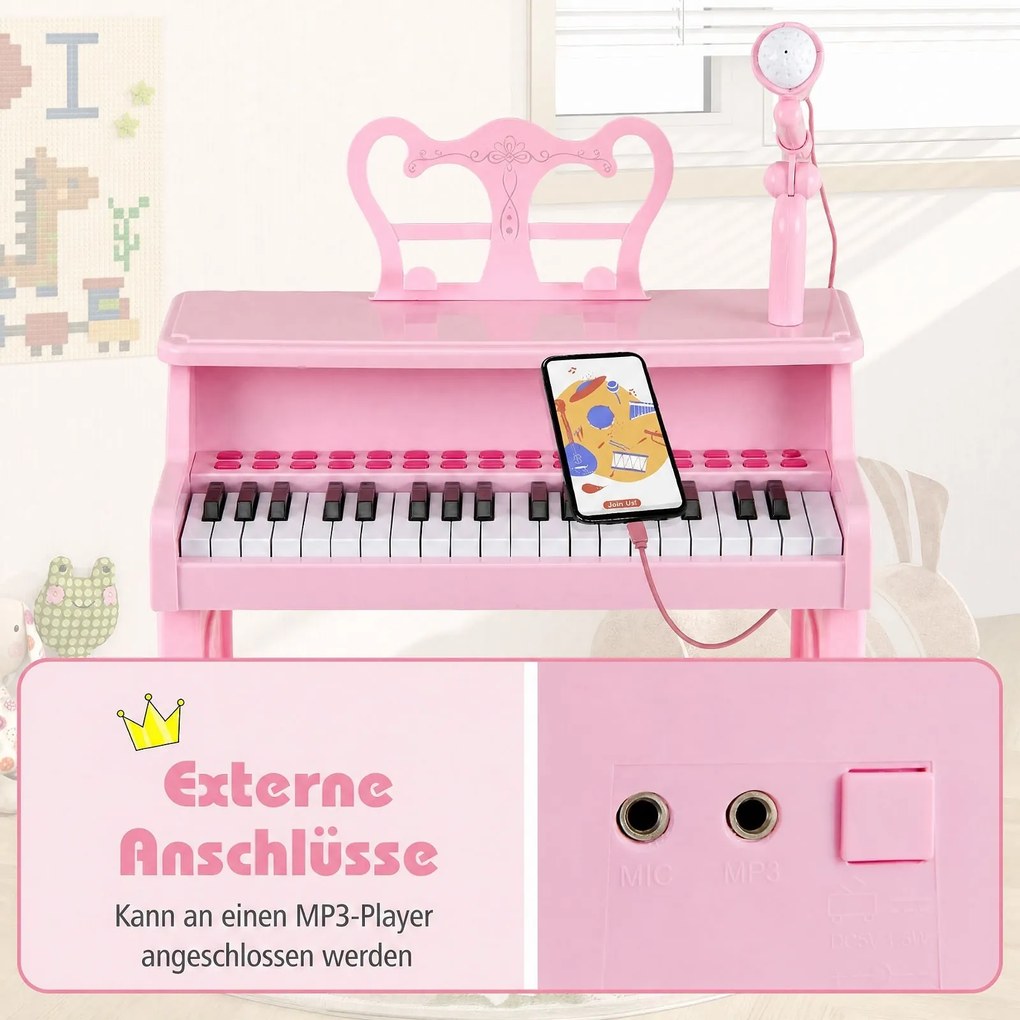 Costway Dětská klávesnice 37-Keys Dětské elektronické piano se stoličkou růžové