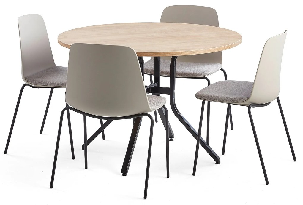 AJ Produkty Sestava VARIOUS + LANGFORD, stůl Ø1100x740 mm, dub + 4 židle, šedá
