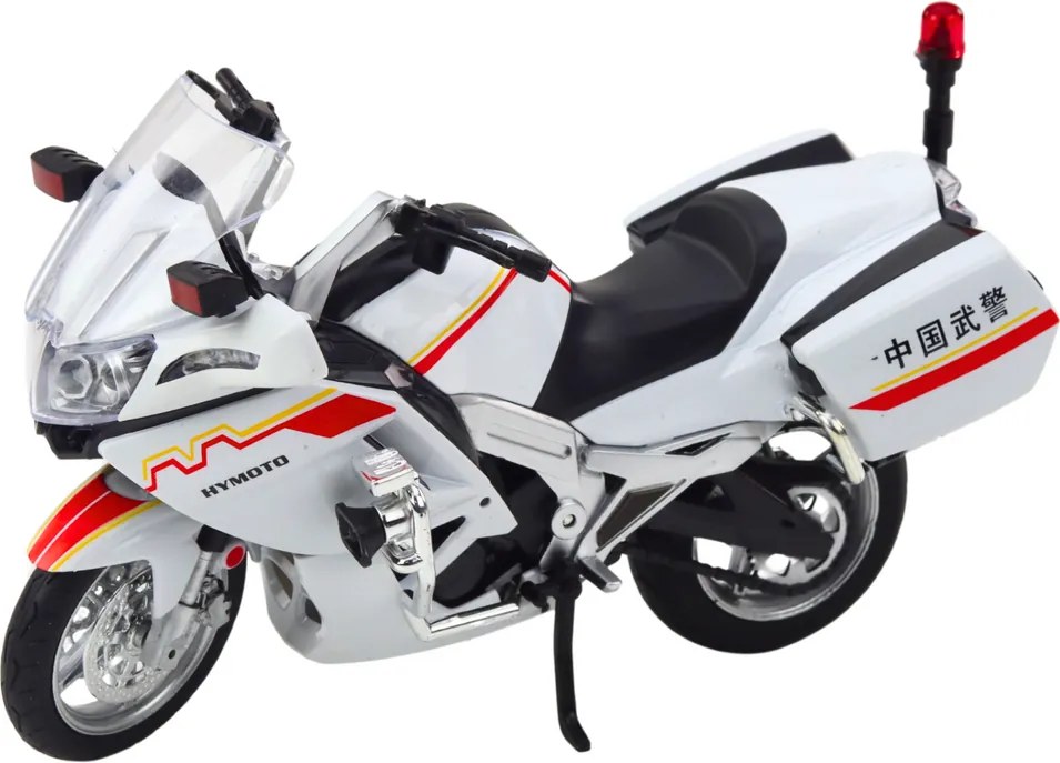 LEAN Toys Kovový motocykl se světly a zvuky, bílý s červenými a žlutými pruhy, měřítko 1:12
