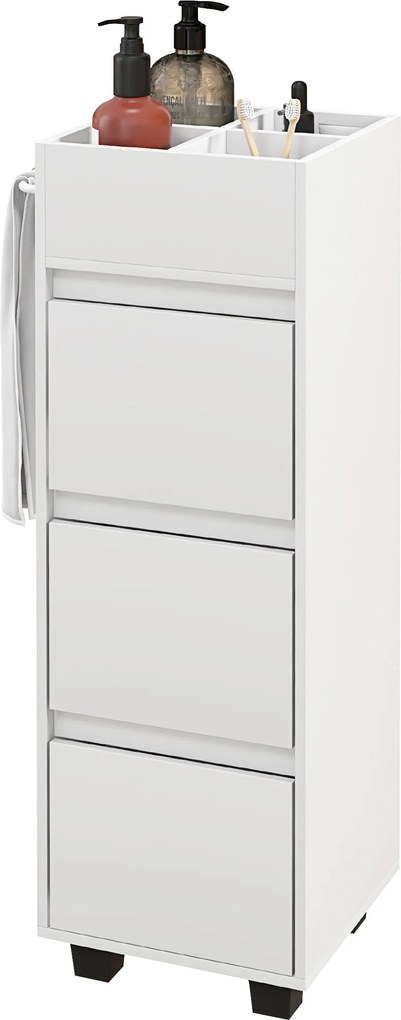 HOMCOM Koupelnová skříňka se skladovacím prostorem a 4 přihrádkami nahoře, 3 šuplíky a držákem na ručníky pro úzké prostory, 35 x 30 x 90cm, Bílá | Ao