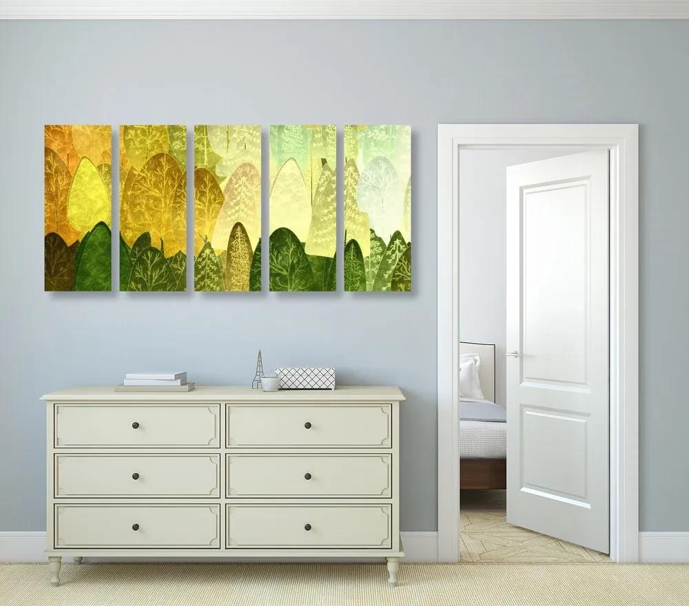 5-dílný obraz zelené asymetrické stromy - 100x50 cm