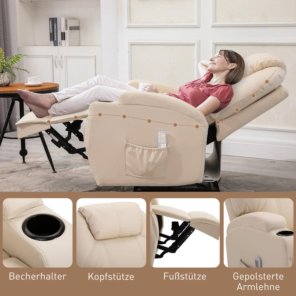 HOMCOM Elektrické polohovací křeslo, TV křeslo, masážní křeslo, masážní funkce, funkce polohování, imitace kůže, béžová barva, 82 x 97 x 110 cm | Aos…