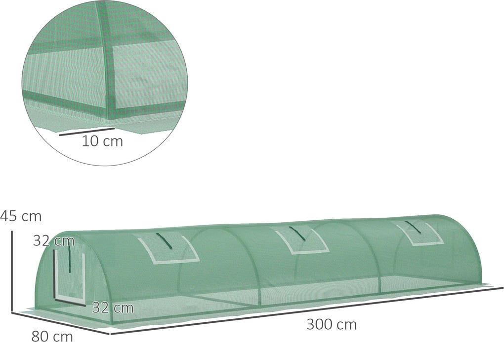 Fóliový skleník Outsunny mini tunelový skleník 300x80x45cm s PE fólií odolnou proti UV záření a oknem ze síťoviny v zelené barvě pro pěstování rostlin