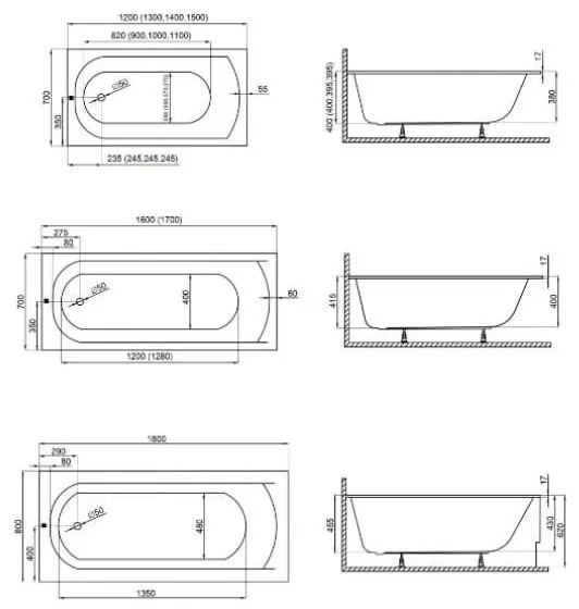 Polimat Akrylátová obdélníková vana Classic Slim 120x70 (130x70, 140x70, 150x70, 150x75, 160x70, 170x70, 170x75, 180x80) Barva: Bílá, Rozměry (cm): 120x70