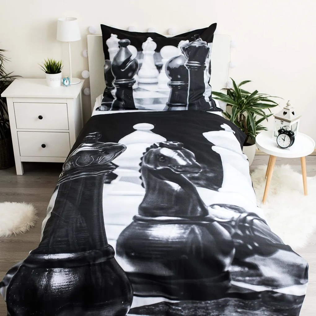 Jerry Fabrics povlečení ŠACHY, černo-bílé, bavlna hladká, 140x200cm + 70x90cm