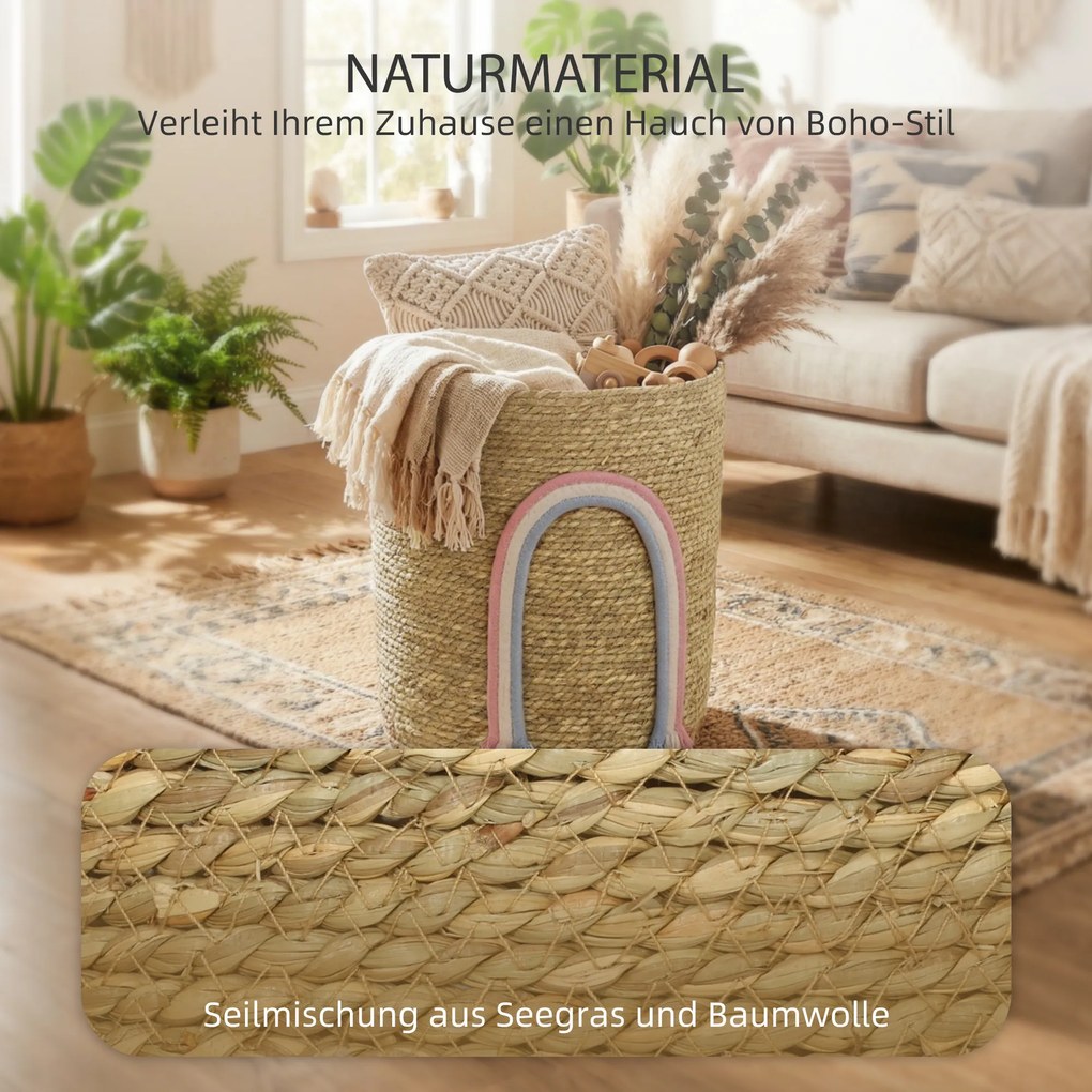 HOMCOM pletený úložný koš z mořské trávy s duhovým akcentem – přírodní, Ø30×35 cm