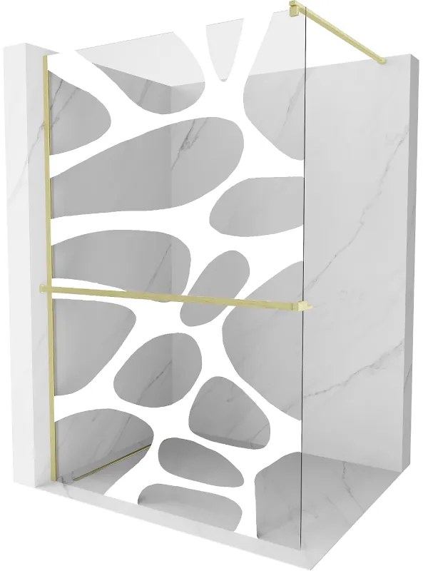 Mexen Kioto+, sprchová zástěna Walk-In s poličkou a věšákem 140 x 200 cm, 8mm čiré sklo bílý vzor, zlatý matný profil, 800-140-121-55-97