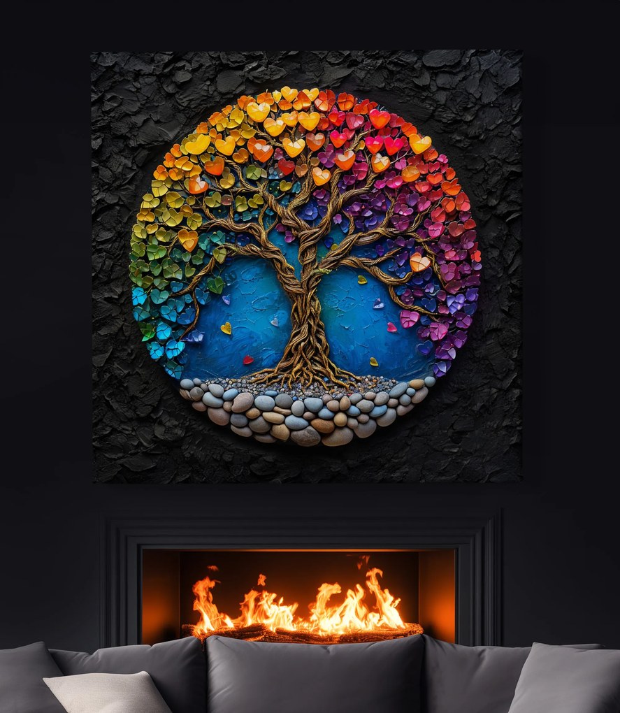 Obraz na plátně - Strom života Barevná srdce FeelHappy.cz Velikost obrazu: 120 x 120 cm