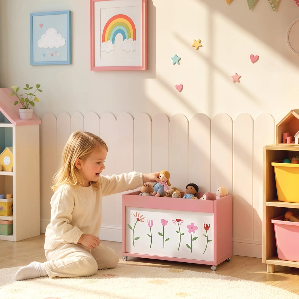 AIYAPLAY hrací box na hračky, úložný box s kolečky a brzdami, 34,5 l otevřený box na hračky s květinovým vzorem, 50 x 30 x 33,5 cm