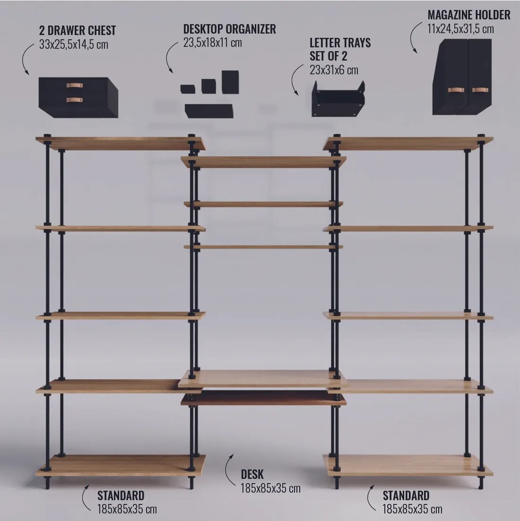 Regál s psacím stolem DECO s příslušenstvím, 185x235x35/52,5 cm, černý