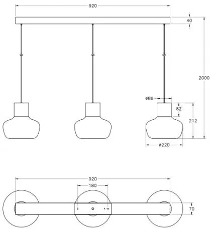 Fabas luce Fabas Kino, závěsné svítidlo z čirého skla a zlatého kovu, 3x12W LED 3000K krokové stmívání, délka 92cm