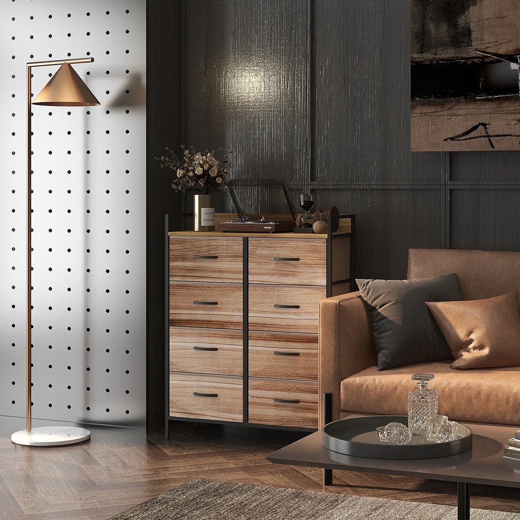 HOMCOM Skříň s úložným prostorem, komoda s 8 odejmoutelnými textilními zásuvkami, horní policí a ocelovým rámem 79L x 29W x 101H cm Přírodní a Černá