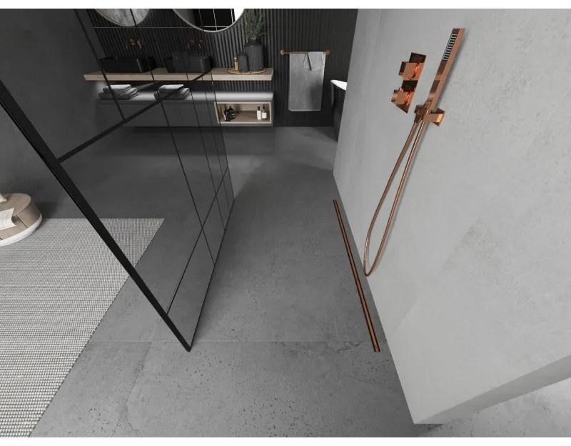 Mexen Kioto, průchozí sprchová zástěna 100 x 200 cm, 8mm sklo čiré/černý vzor, 2x růžové zlato stabilizační rozpěra, 800-100-002-60-78