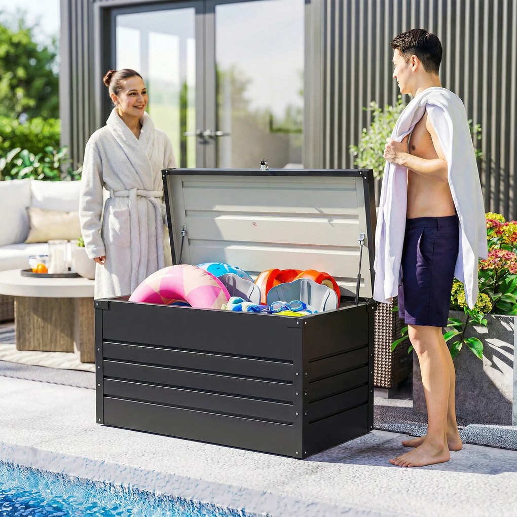 Outsunny kovová zahradní truhla 450 l — zamykatelná, voděodolná úložná truhla s dvojitým víkem a montážními rukavicemi, 120×61×62 cm, šedá