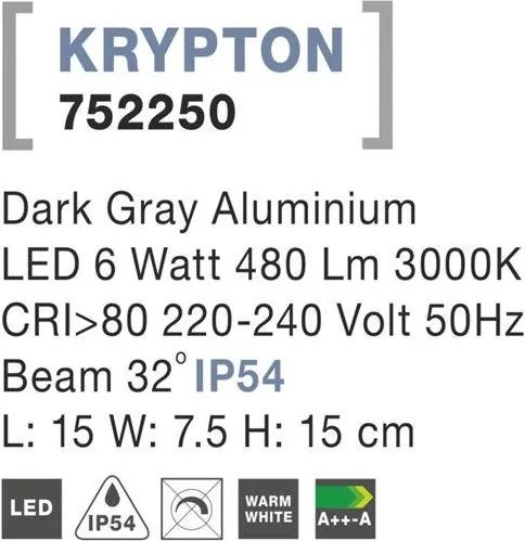 NV 752250 Venkovní nástěnné svítidlo KRYPTON tmavě šedý hliník LED 6W 3000K 220-240V 32st. IP54 - NOVA LUCE