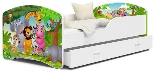 Dětská postel IGOR  80x160  cm v bílé barvě se šuplíkem ZVIŘATKA Z JUNGLE