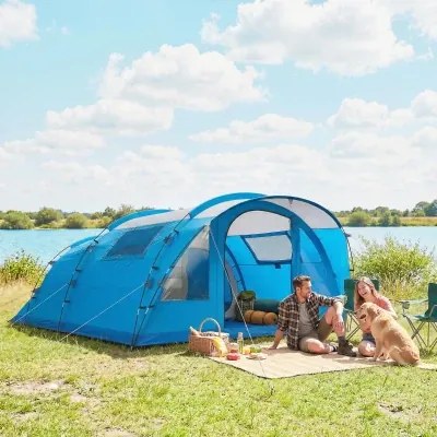 Outsunny rodinný tunelový stan pro 4 osoby s 3 místnostmi, vstupem, 4 okny, vodotěsný, snadná montáž