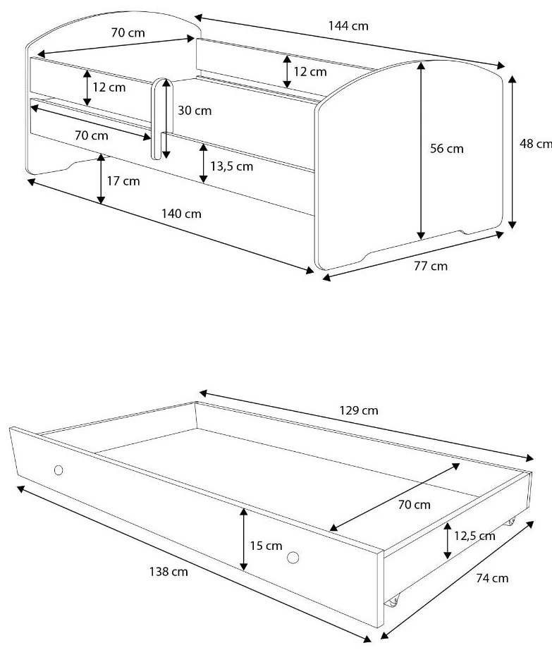 ADRK Postel PEPE GIRL WITH WINGS, CH-Pep-Bar-Gir-Win-140-E311, 140x70 cm se zásuvkou, zábradlím a matrací, bílá/grafika