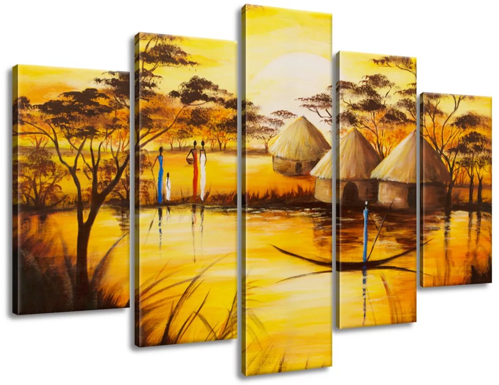 Gario 5 dílný obraz na plátně Africká vesnice Velikost: 150 x 100 cm