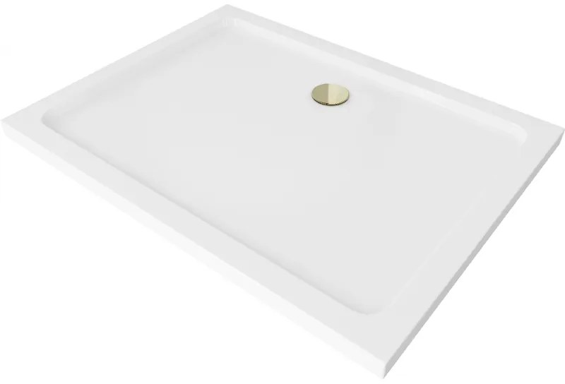 Mexen Flat obdélníková vanička do sprchového koutu slim 80 x 70 cm, Bílá, sifon Zlatá - 40107080G