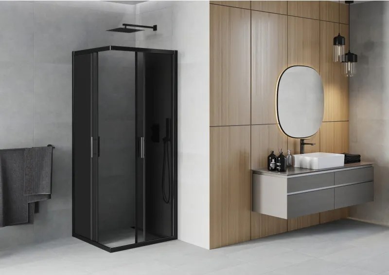 Mexen Rio, čtvercový sprchový kout 90(dveře)x90(dveře)x190 cm, 5mm šedé sklo, černý profil, 860-090-090-70-40